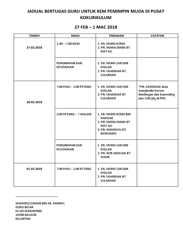 Jadual Bertugas Guru Untuk Kem Pemimpin Muda Di Pusat Kokurikulum | PDF