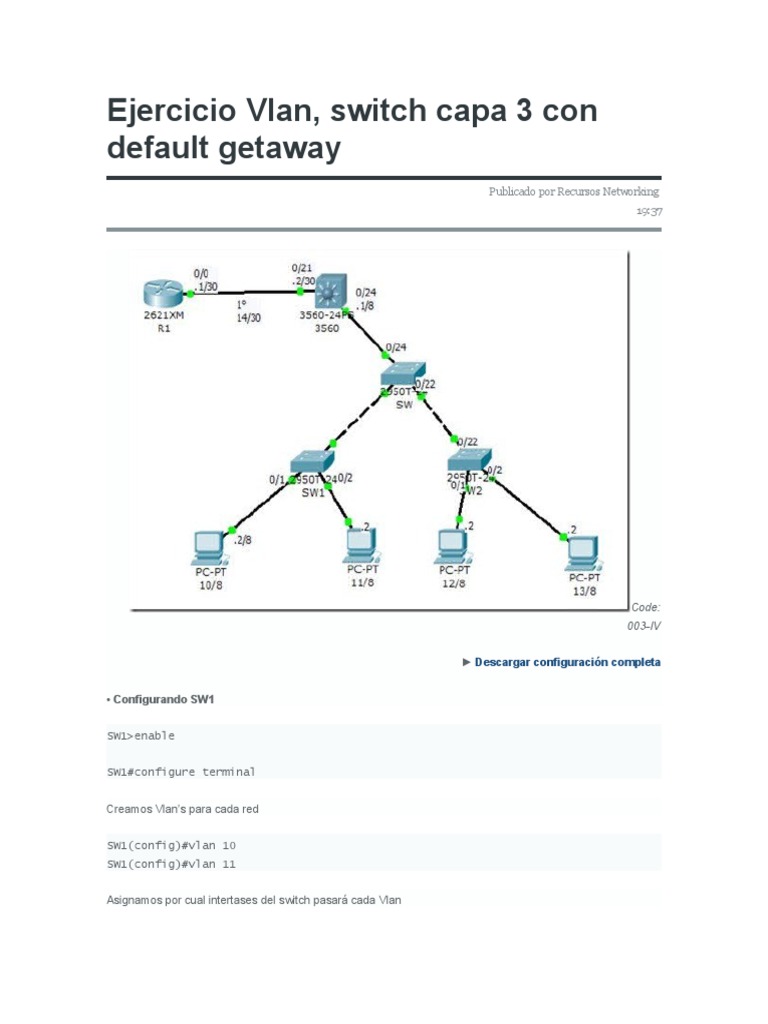 Configuración de VLANs, Switch Capa 3 con Default Gateway y Protocolo de Enrutamiento OSPF | PDF ...