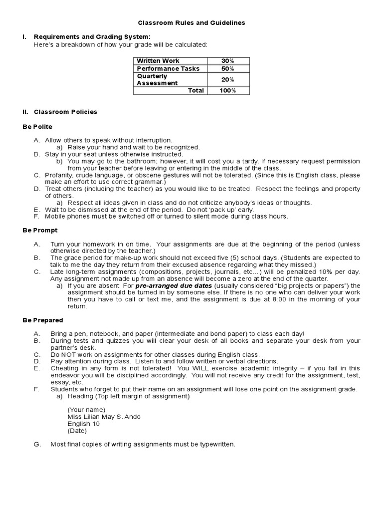 Classroom Rules and Guidelines | PDF | Homework | Pedagogy