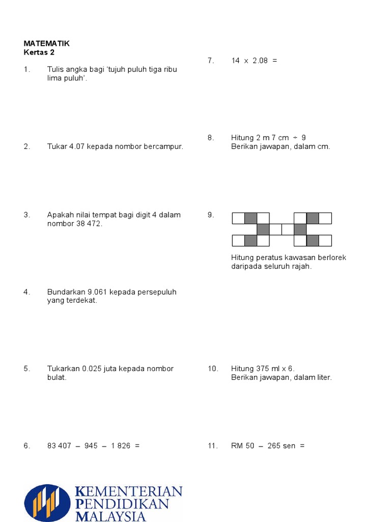 40 Soalan Kertas 2 Matematik Tahun 6 | PDF