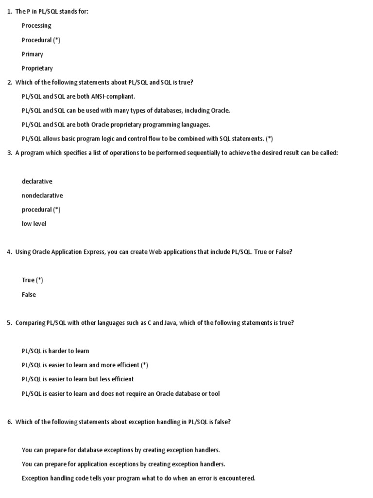 PL/SQL Basics and Key Concepts Quiz | PDF | Pl/Sql | Control Flow