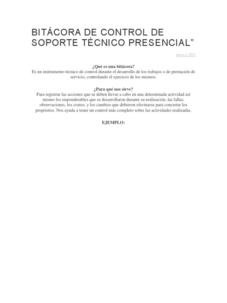 Bitácora de Control de Soporte Técnico Presencial | PDF