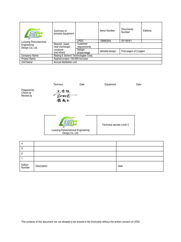 E1 Process Equipment Summary Table (Reactor, Tower, Heat Exchanger, Etc ...