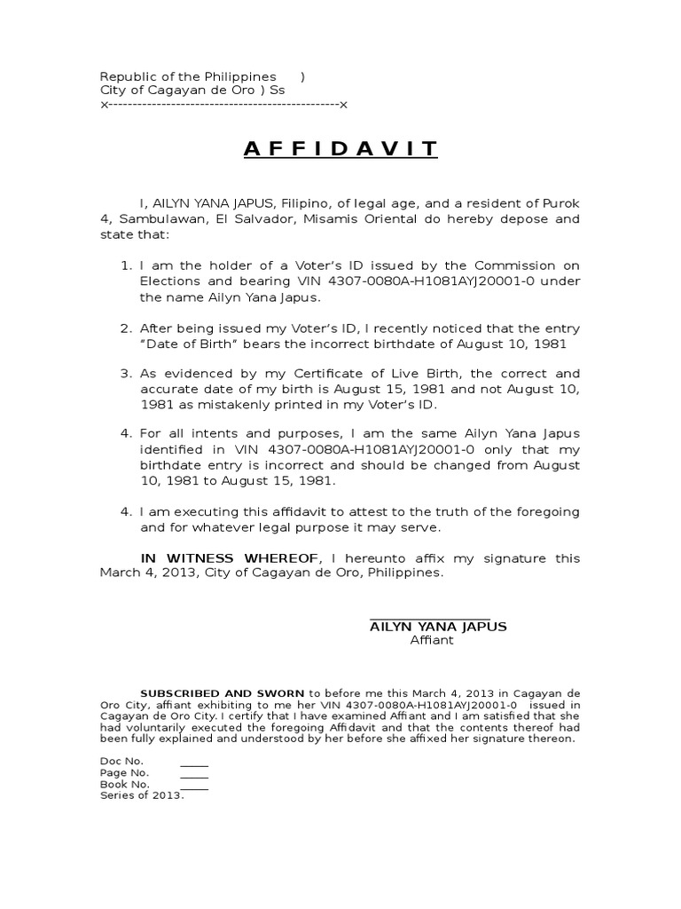 Affidavit for Voter ID Correction | PDF