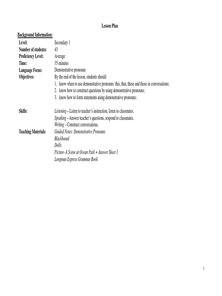 Lesson Plan: Demonstrative Pronouns | PDF | Lesson Plan | Teaching
