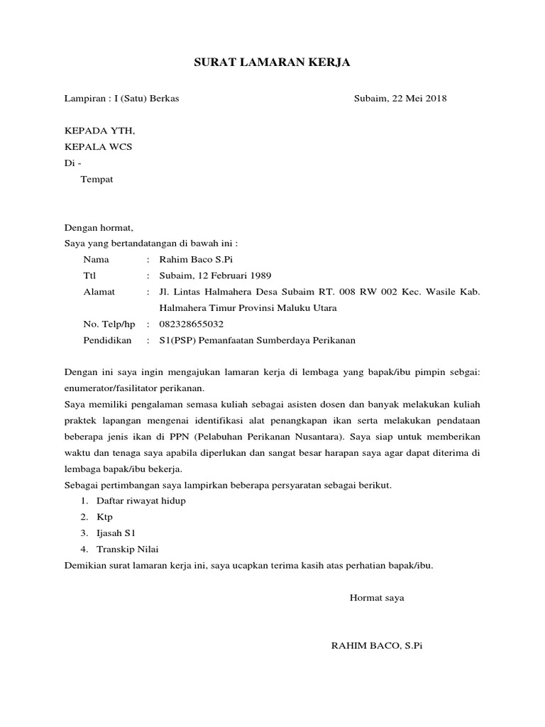 Surat Lamaran Kerja Rahim | PDF