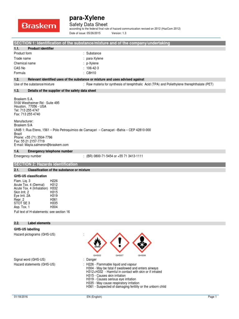 MSDS Para-xylene | Toxicidade | Combate a Incêndios