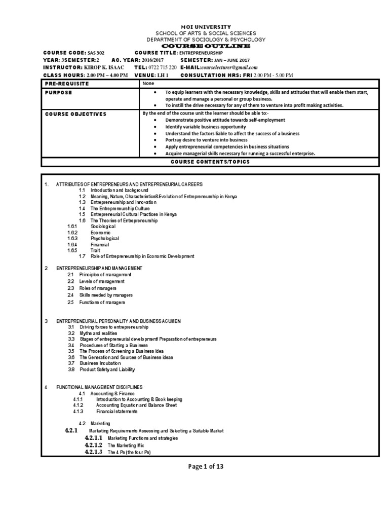 Sas 302 Course Outline & Class Assignment | PDF | Entrepreneurship ...