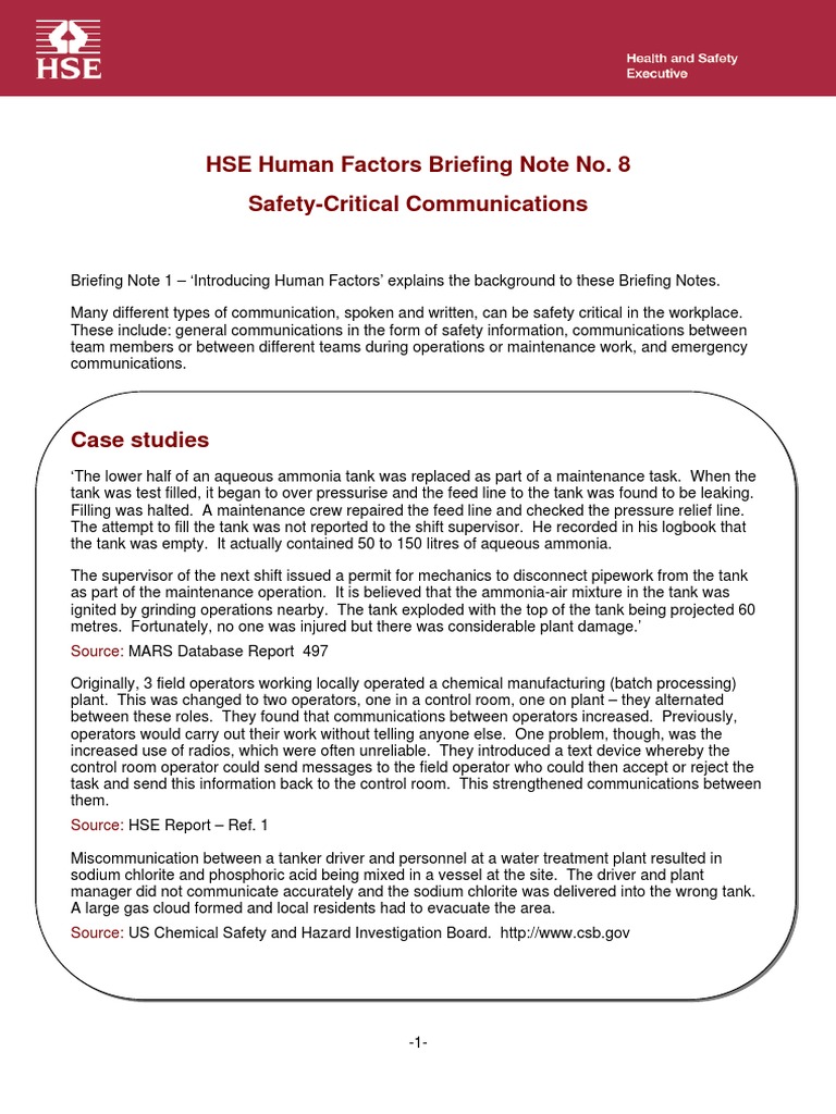 HSE Human Factors Briefing Note No. 8 Safety-Critical Communications ...