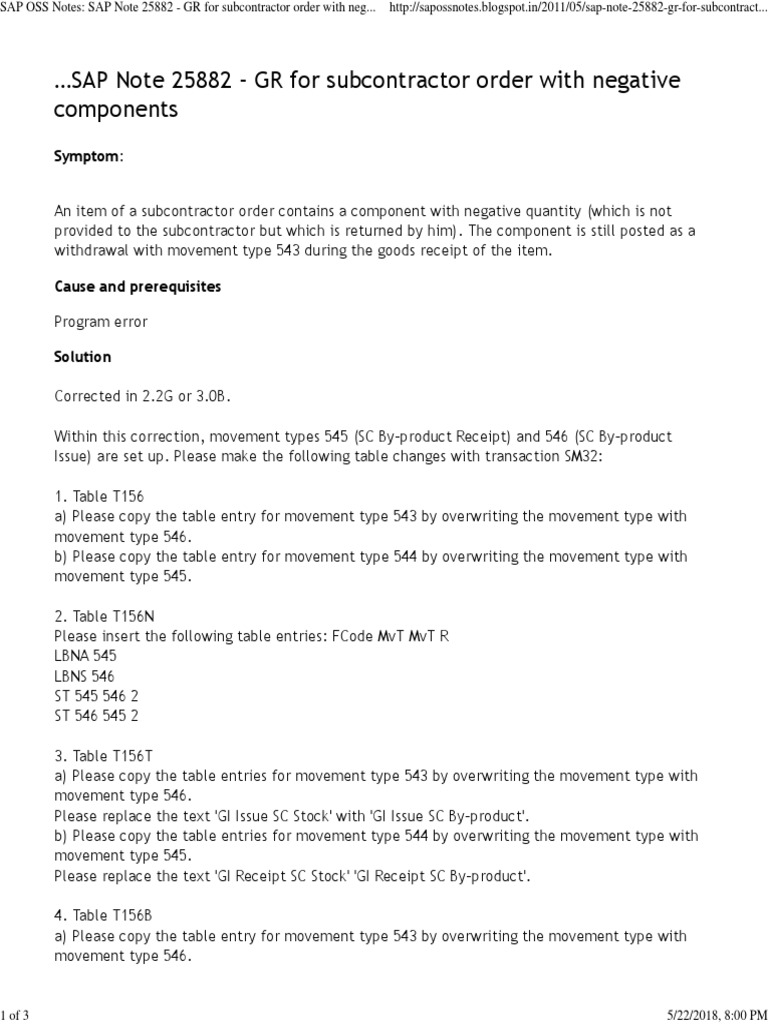 SAP OSS Notes - SAP Note 25882 - GR For Subcontractor Order With ...