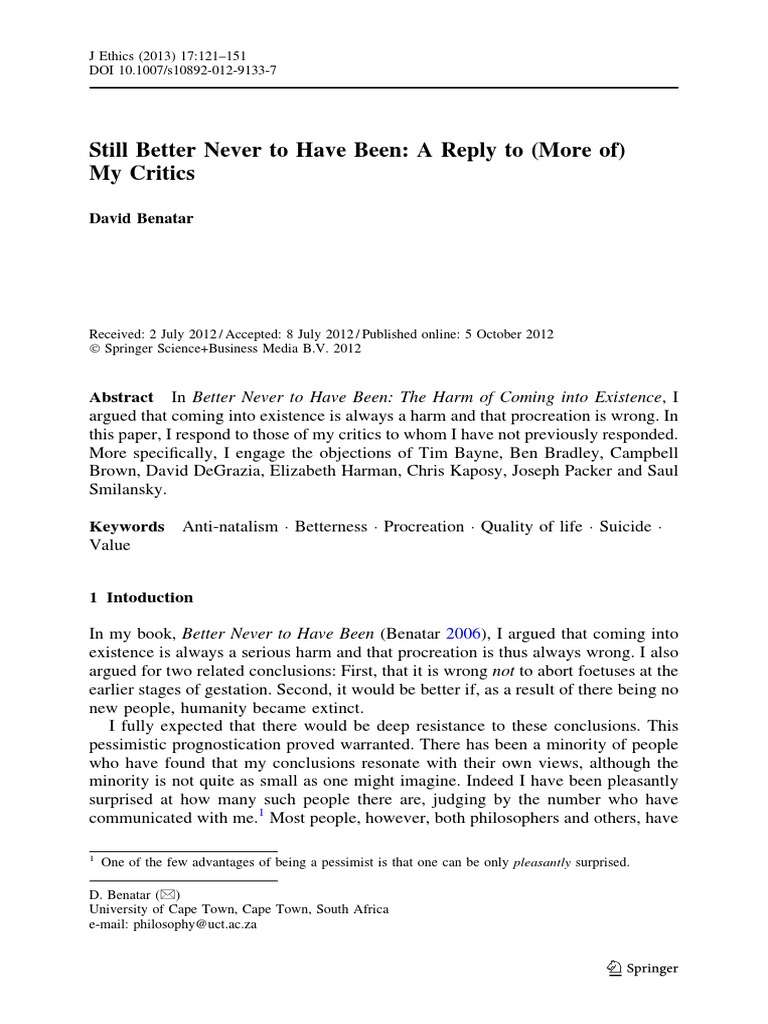 Still Better Never To Have Been: A Reply To (More Of) My Critics ...