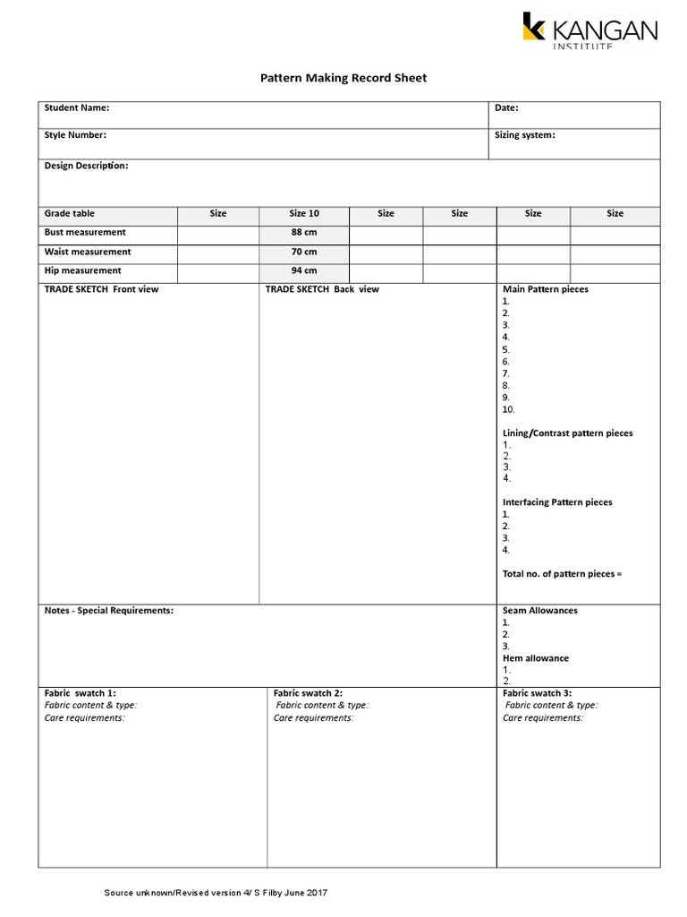 Pattern Making Record Sheet v4 | PDF | Seam (Sewing) | Clothing
