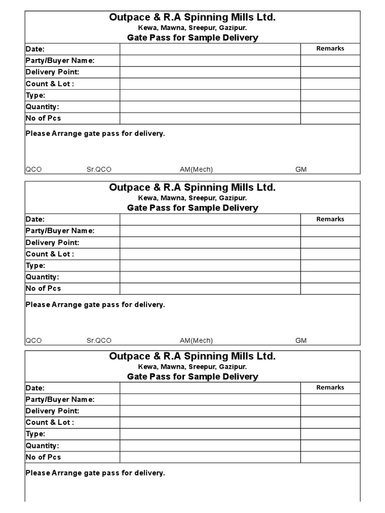 Outpace & R.A Spinning Mills LTD.: Gate Pass For Sample Delivery | PDF