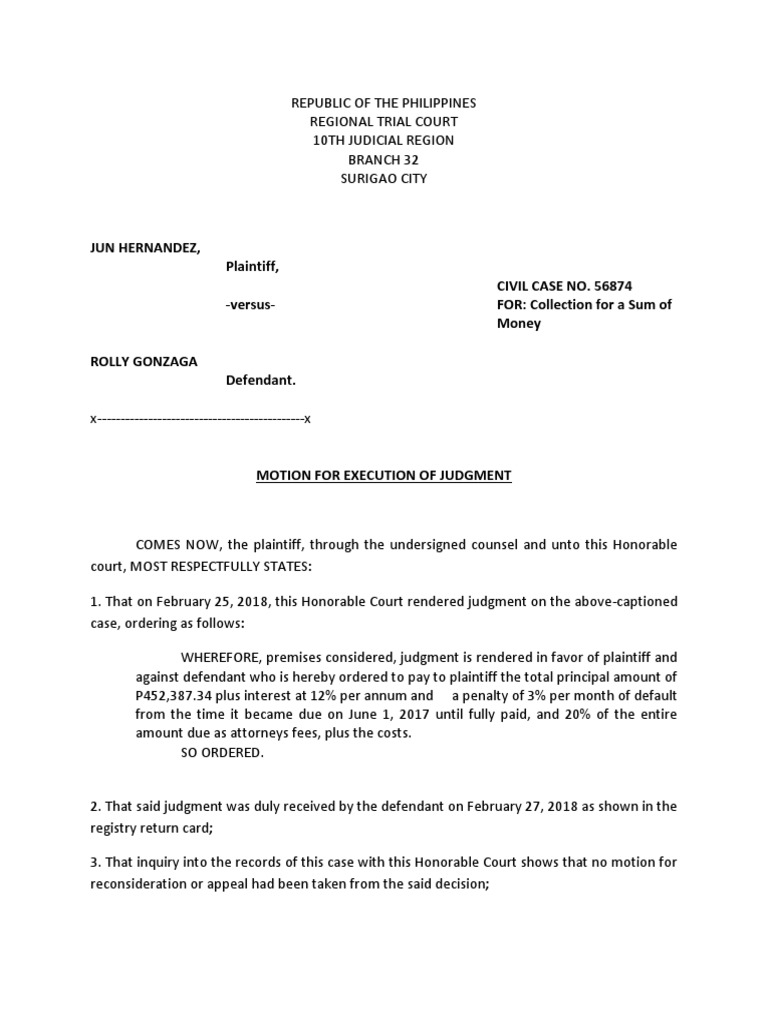 Jun Hernandez, Plaintiff, Civil Case No. 56874 - versus-FOR: Collection ...