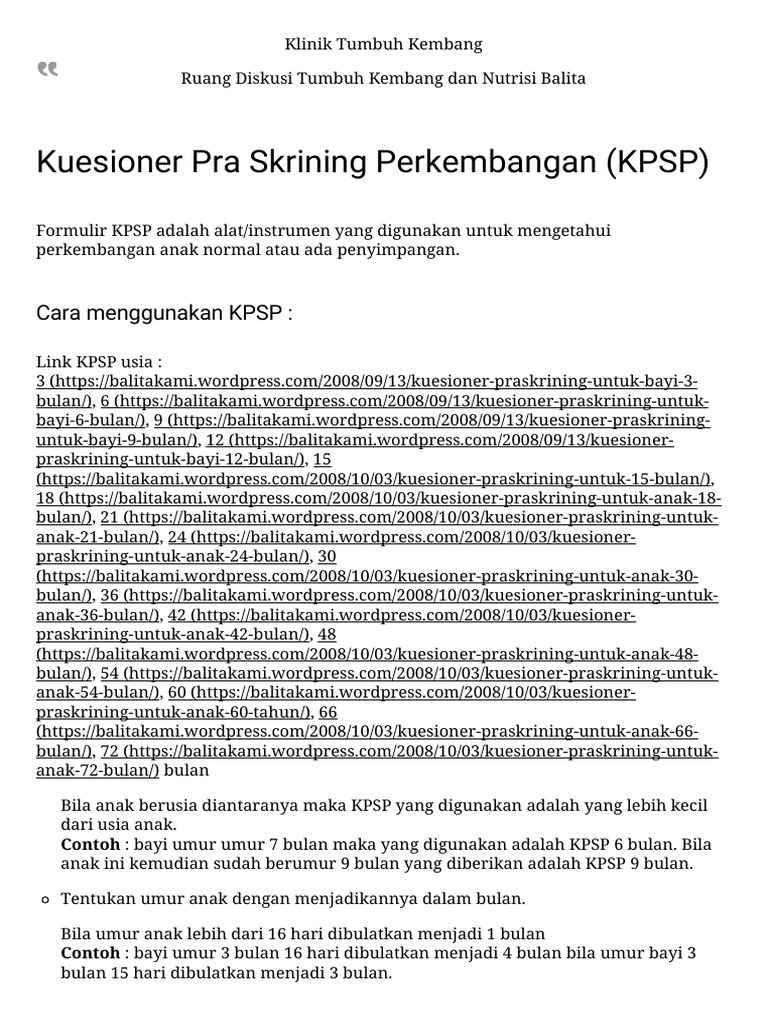 Kuesioner Pra Skrining Perkembangan (KPSP) - Klinik Tumbuh Kembang | PDF