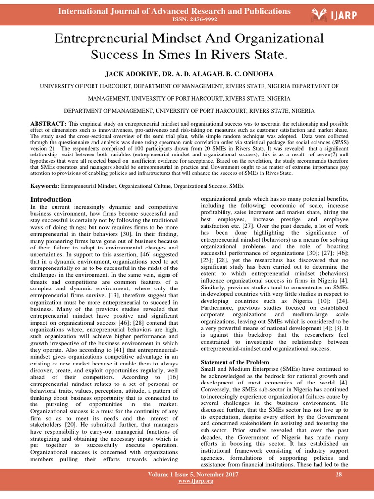 Entrepreneurial Mindset and Organizational Success in Smes in Rivers ...