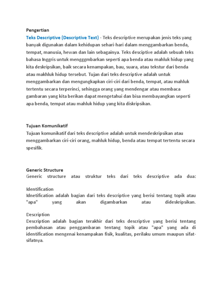 Teks Descriptive (Descriptive Text) : Pengertian | PDF