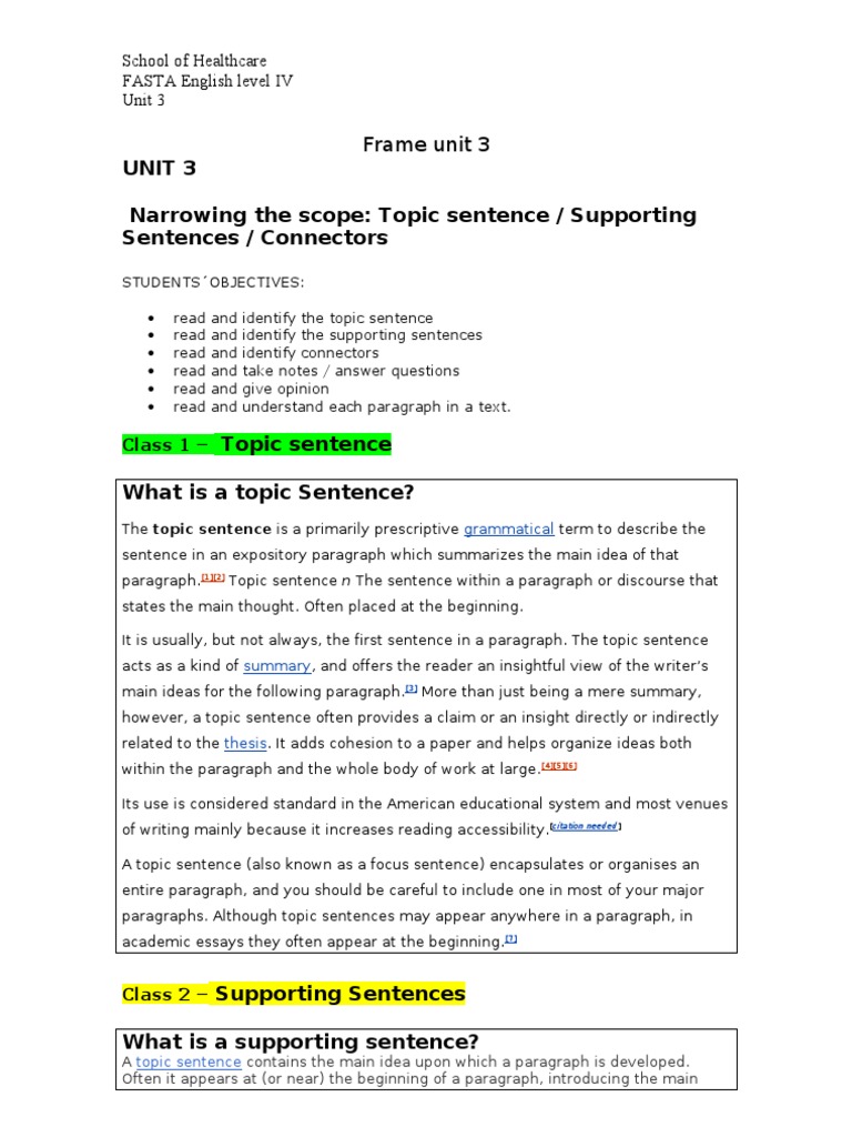 Unit 3 Narrowing The Scope: Topic Sentence / Supporting Sentences ...