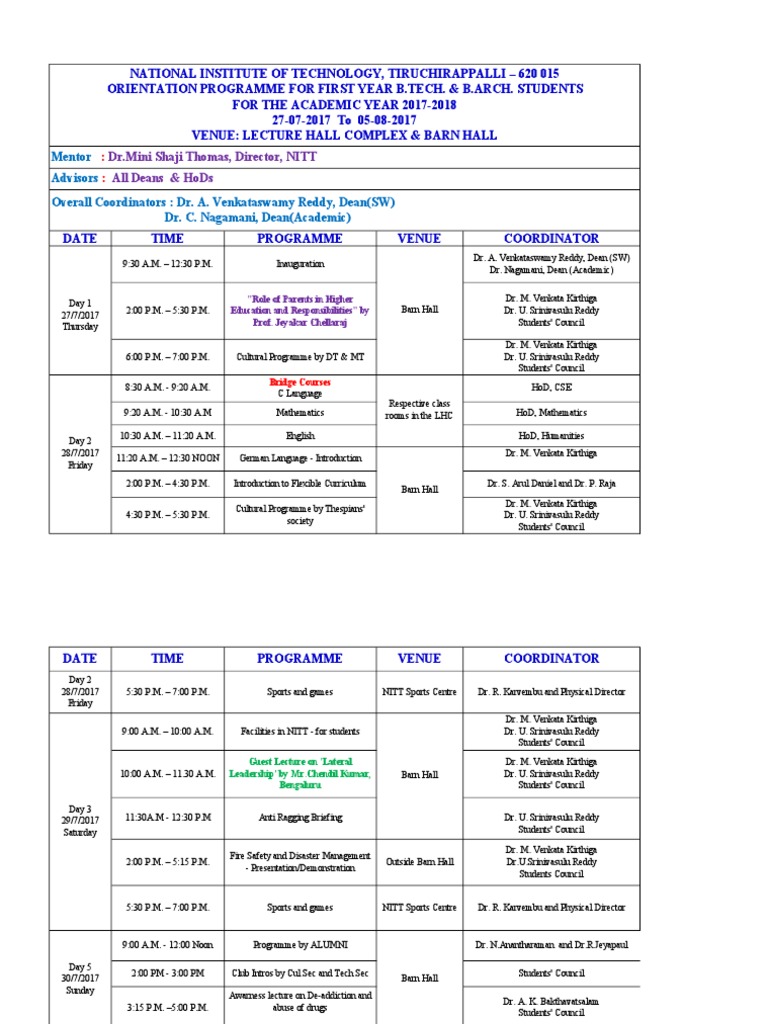 NITT B.Tech & B.Arch Orientation Schedule | PDF | Self-Improvement ...
