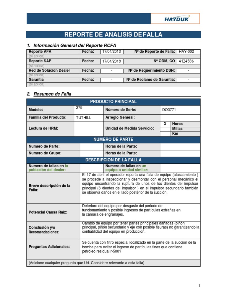 Reporte De Analisis De Falla: 1. Información General del Reporte RCFA | Engranaje | Naturaleza
