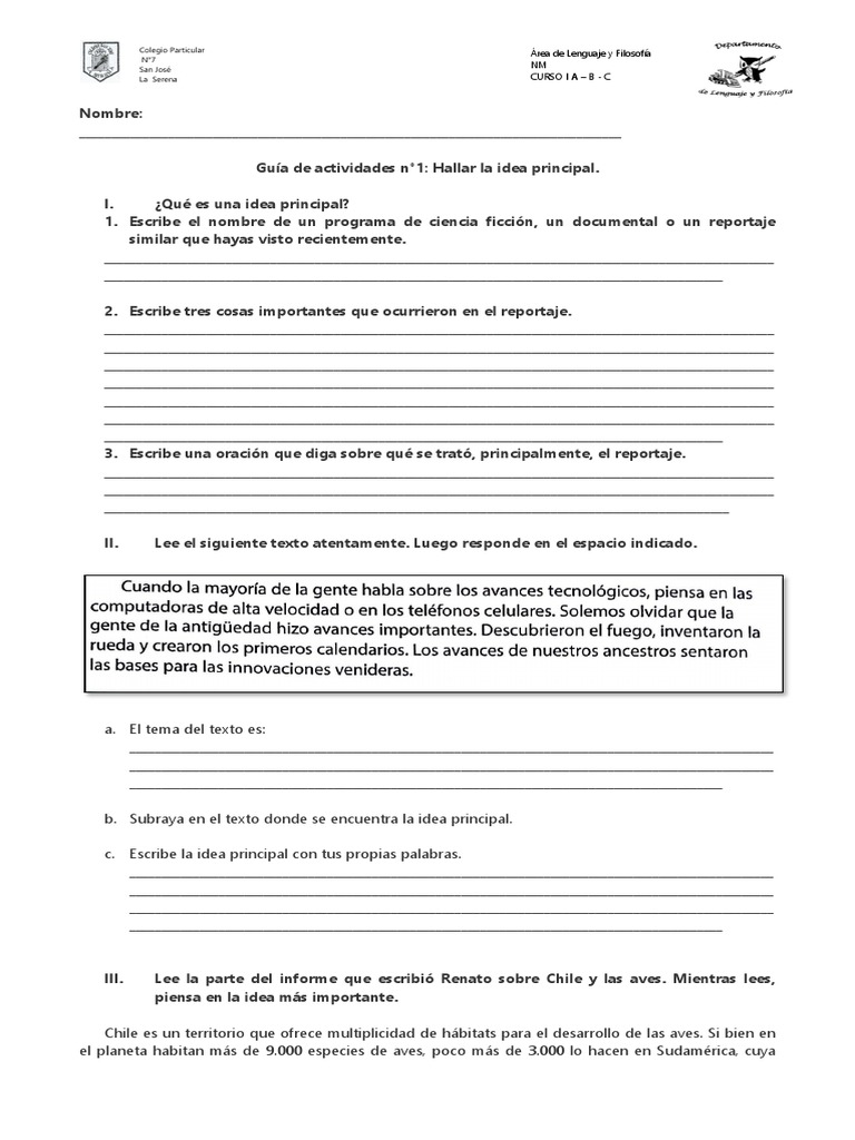 Guía N° 1. Taller de Lectura. Hallar La Idea Principal. | PDF | Vincent ...