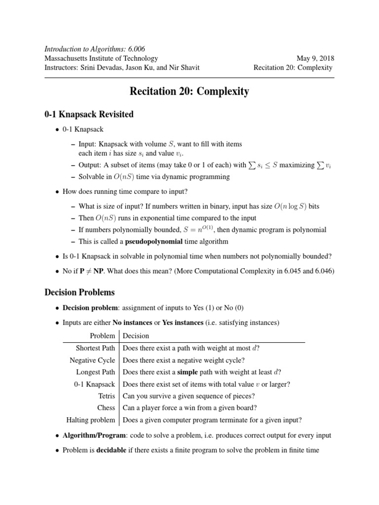 Recitation 20: Complexity: 0-1 Knapsack Revisited | PDF | Time ...