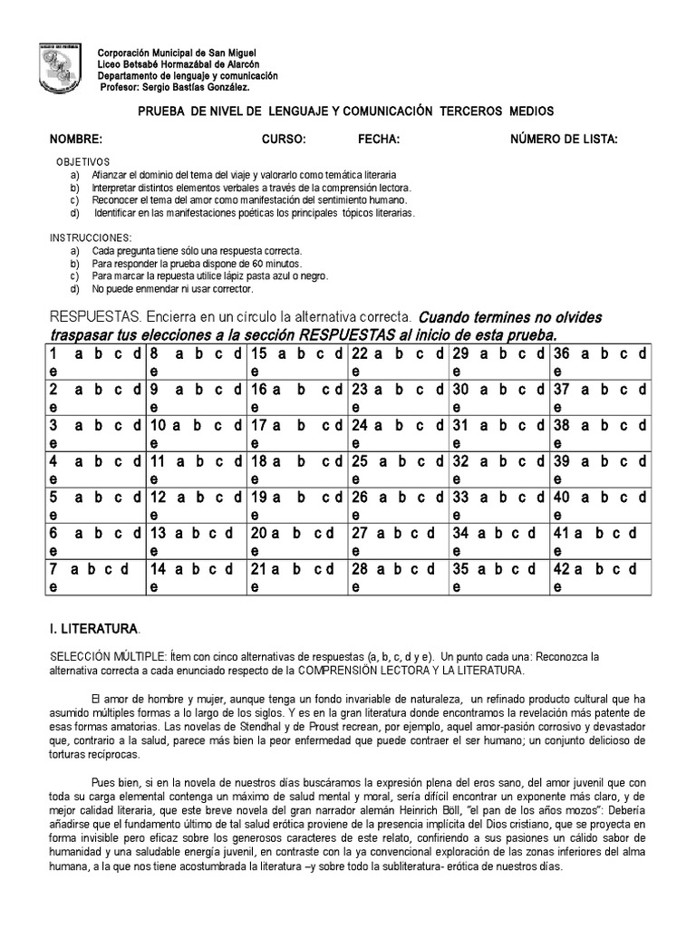 Prueba de Lenguaje: Amor y Literatura | PDF | Amor | Novelas