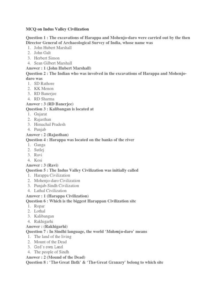MCQ On Indus Valley Civilization | PDF | South Asia | Archaeology