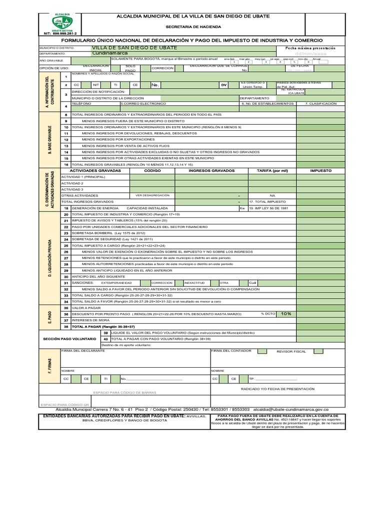 Formulario Unico Nacional de Ica Ubate | PDF