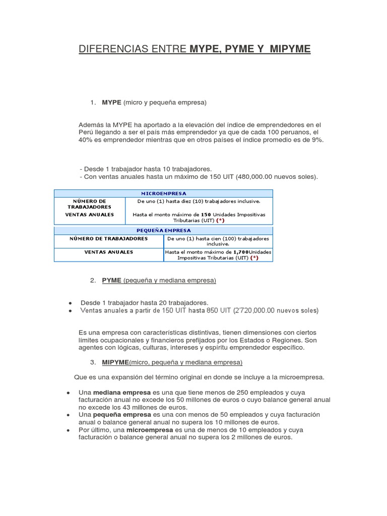 Diferencia Entre Mype Pyme y Mipyme MI Parte | PDF | Negocios