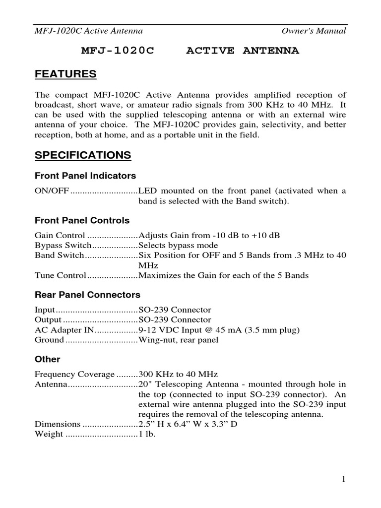 MFJ 1020C | PDF | Antenna (Radio) | Electrical Connector