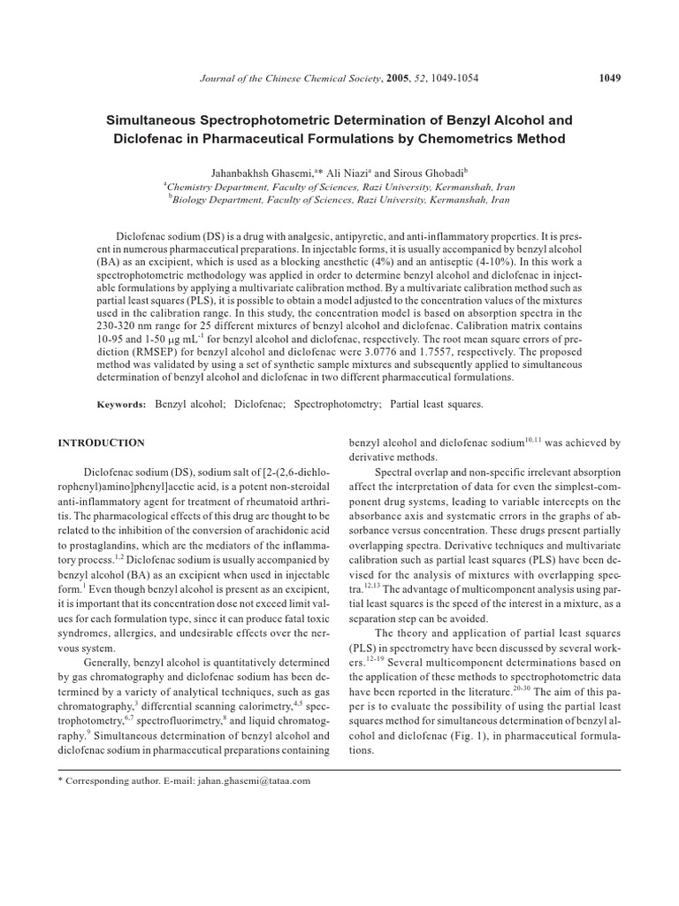 Simultaneous Spectrophotometric Determination of Benzyl Alcohol and Diclofenac in Pharmaceutical ...