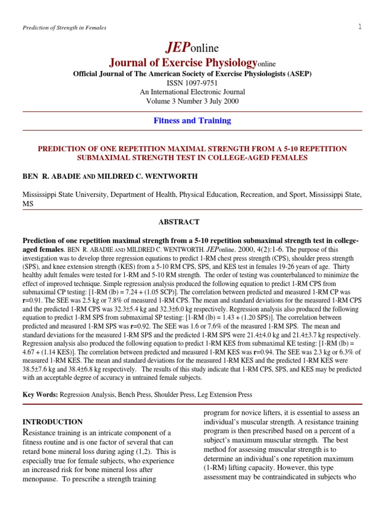 Prediction of One Repetition Maximal Strength From A A 5-10 Repetition ...