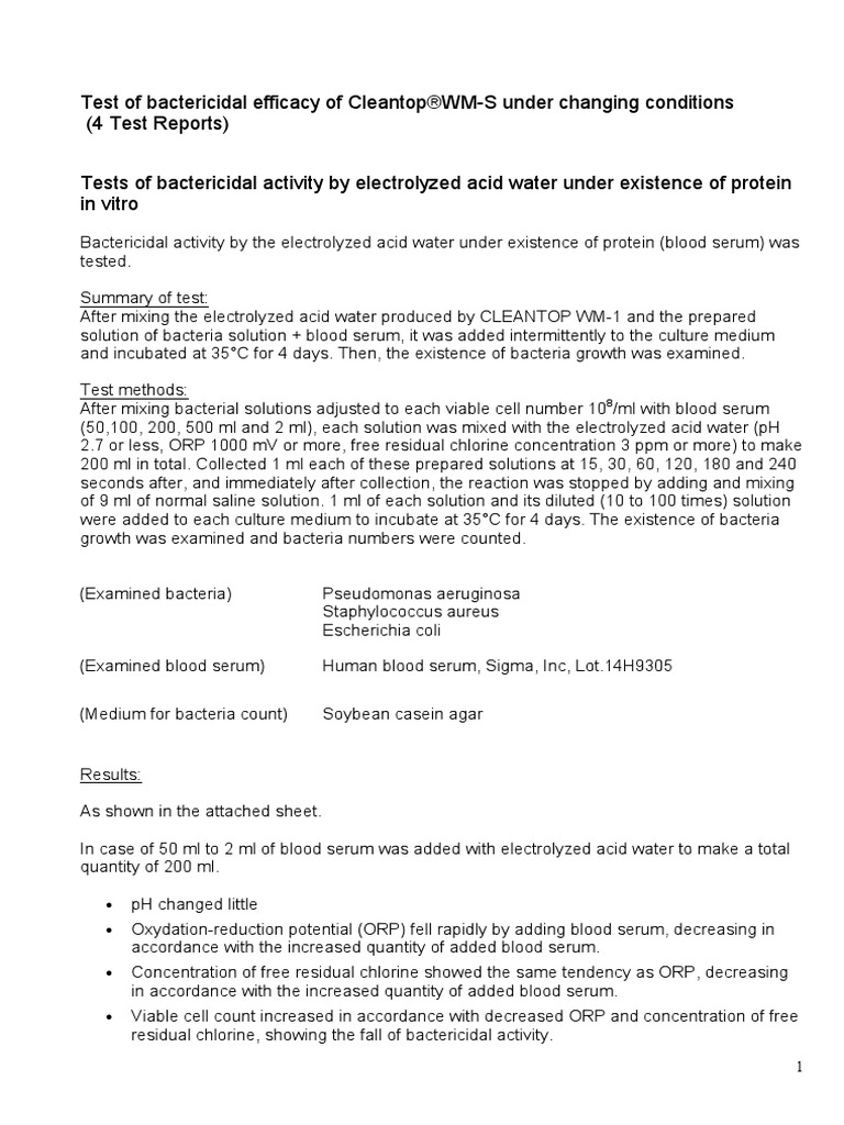 10-CIC - Test of Bactericidal Efficacy of Cleantop WM-S Under Changing ...