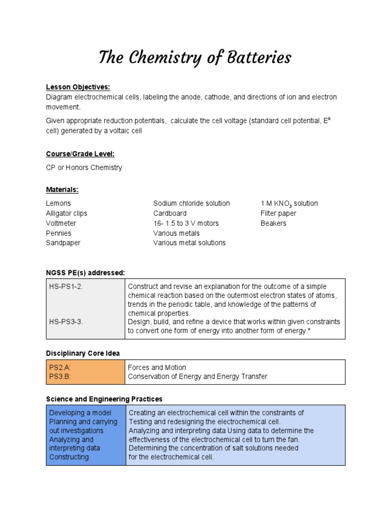 Savina Thompson - 5 e Lesson Plan | PDF | Electrochemistry | Battery ...