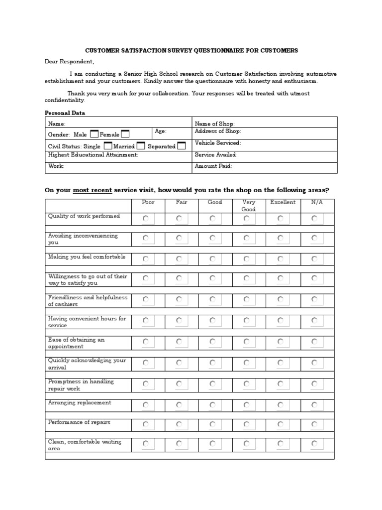Customer Satisfaction Survey Questionnaire For Customers | PDF | Survey ...