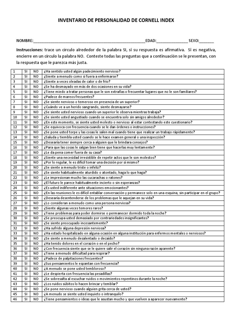 Inventario de Personalidad de Cornell Index | Ira | Medicina CLINICA