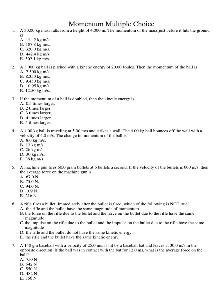 Momentum Multiple Choice Questions | PDF | Collision | Momentum