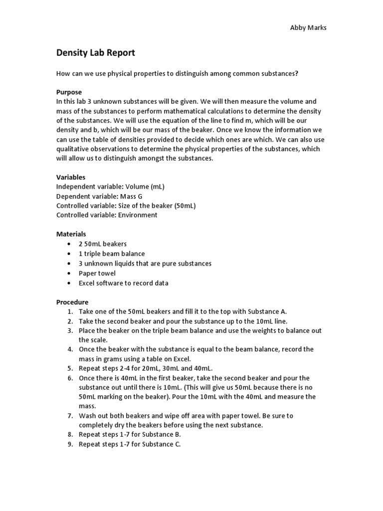 Density Lab Report: Purpose | PDF | Weighing Scale | Density