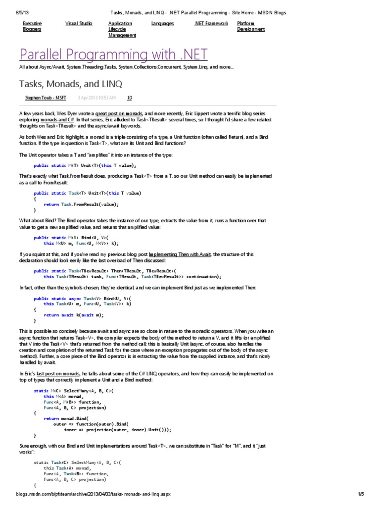 Tasks, Monads, and LINQ | PDF | C Sharp (Programming Language) | Language Integrated Query