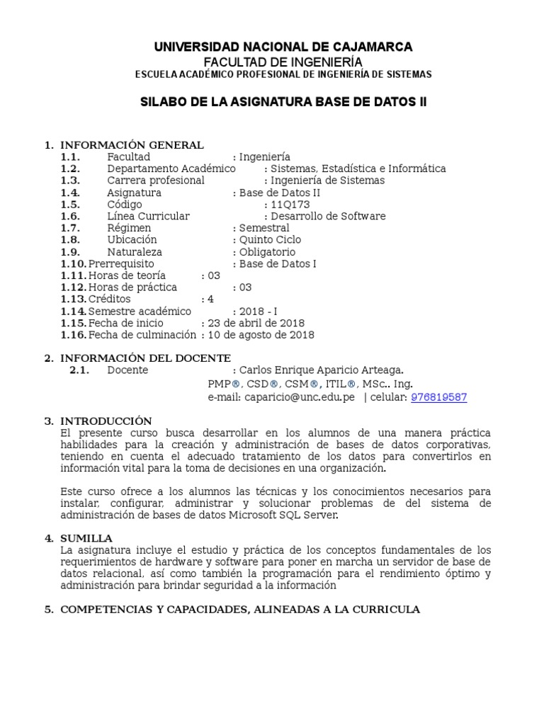 Silabo Base de Datos II - 2018-1 | PDF | SQL | Prueba (evaluación)