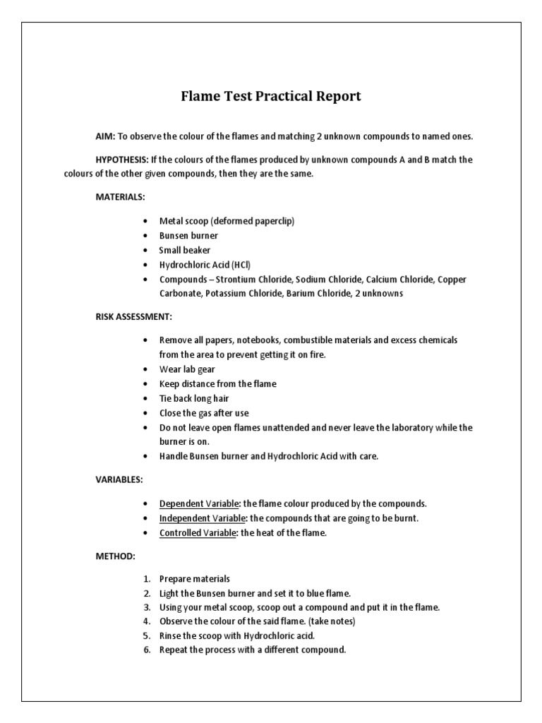 Flame Test Practical Report | PDF | Hydrochloric Acid | Chloride