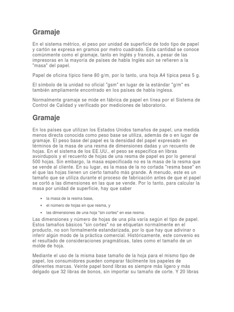 Peso y gramaje del papel bond A4 | PDF | Papel | Kilogramo