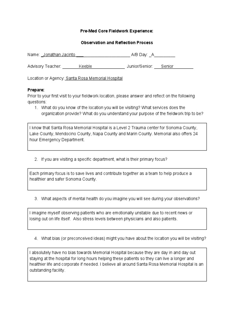Jonathan Jacinto - Fieldwork Reflective Journal | PDF | Patient | Hospital