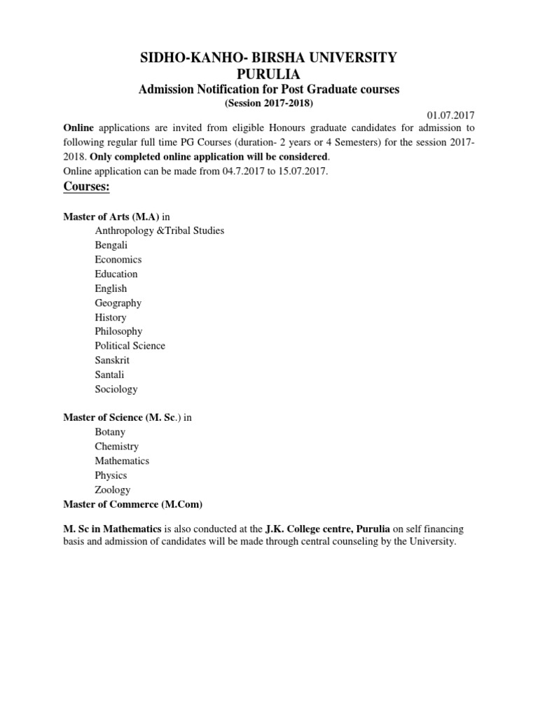 Sidho-Kanho-Birsha University Purulia: Admission Notification For Post ...