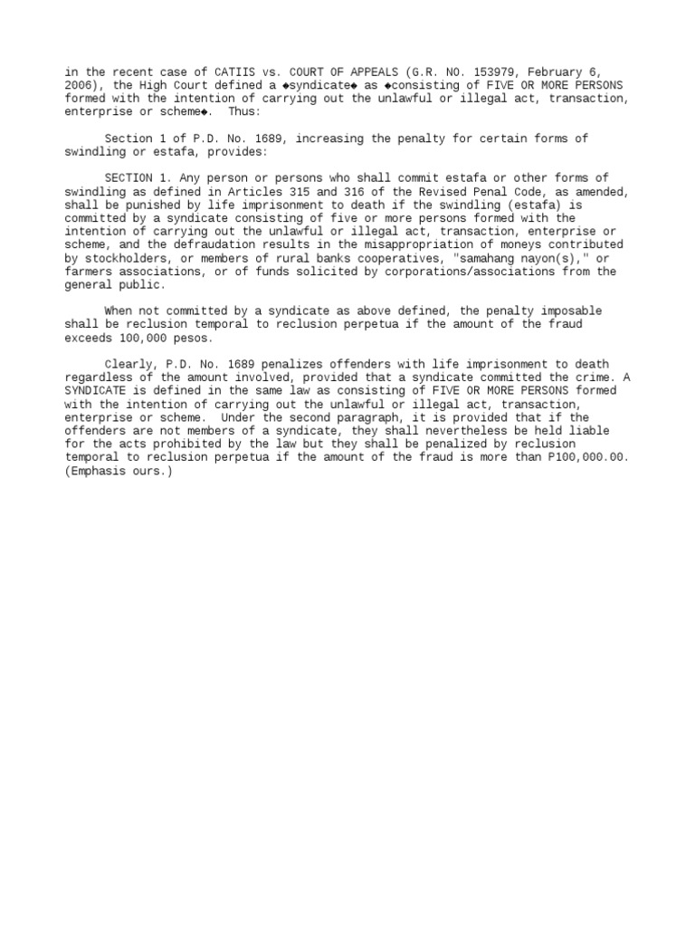 Syndicated Estafa: Legal Definition and Penalties | PDF | Law