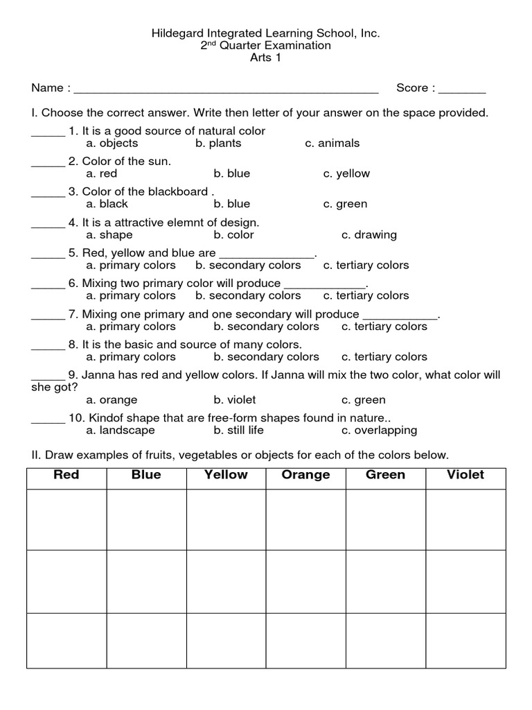 Arts 1 Second Grading Exam | PDF | Yellow | Color