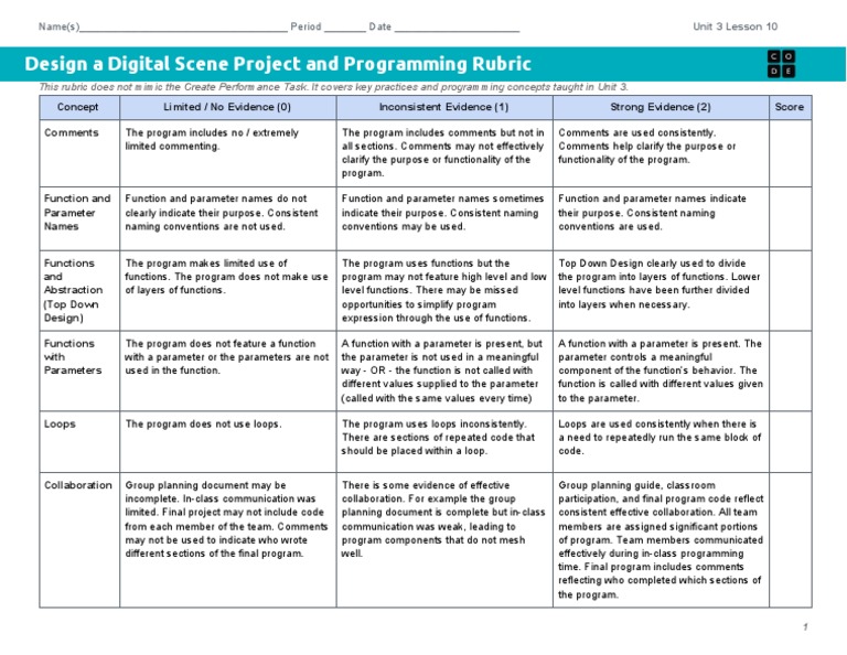 U3L10 Practice PT - Design A Digital Scene - Project and Programming Rubric | PDF | Software ...