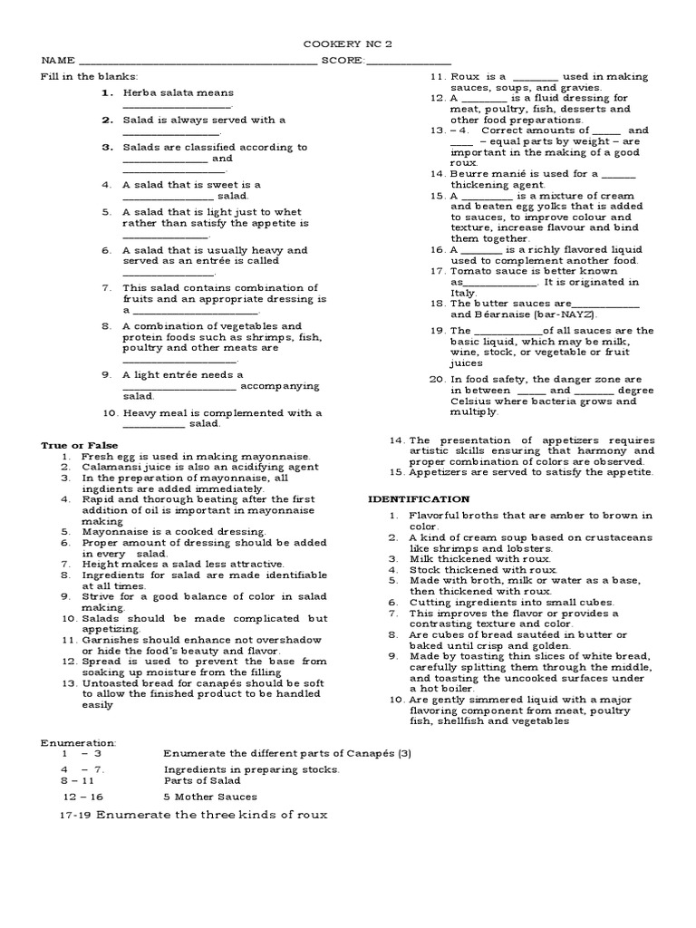 Final Exam Cookery Nc2 | PDF | Salad | Cooking