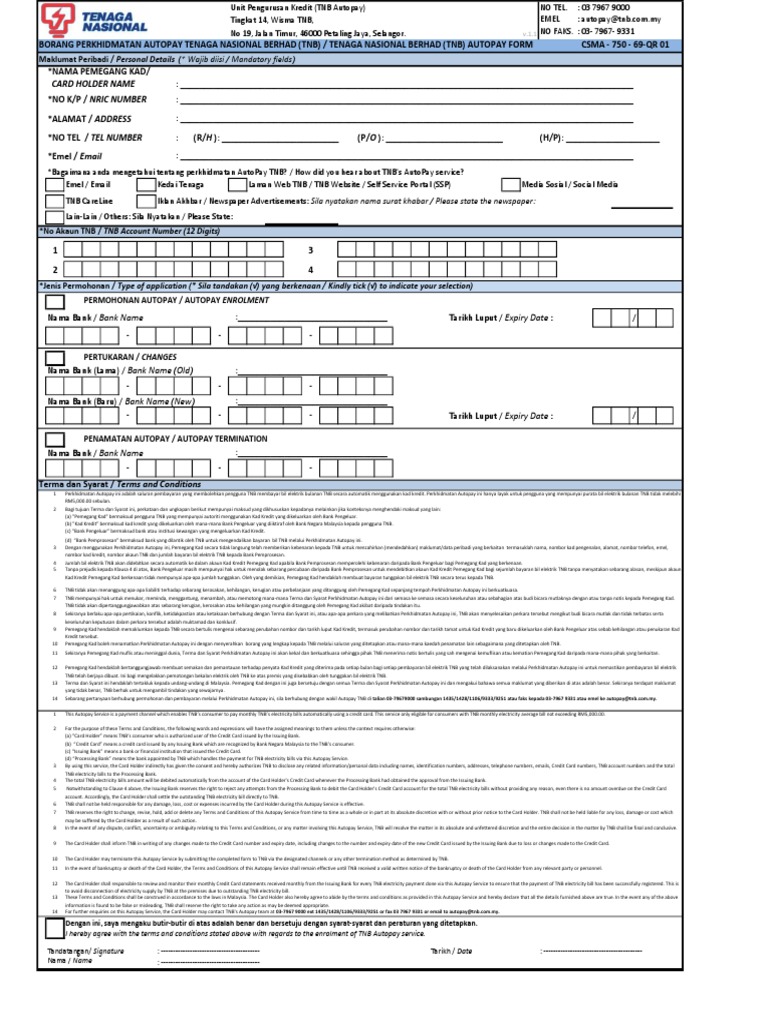 TNB Autopay Form: Terms and Conditions for Automatic Payment of Monthly ...